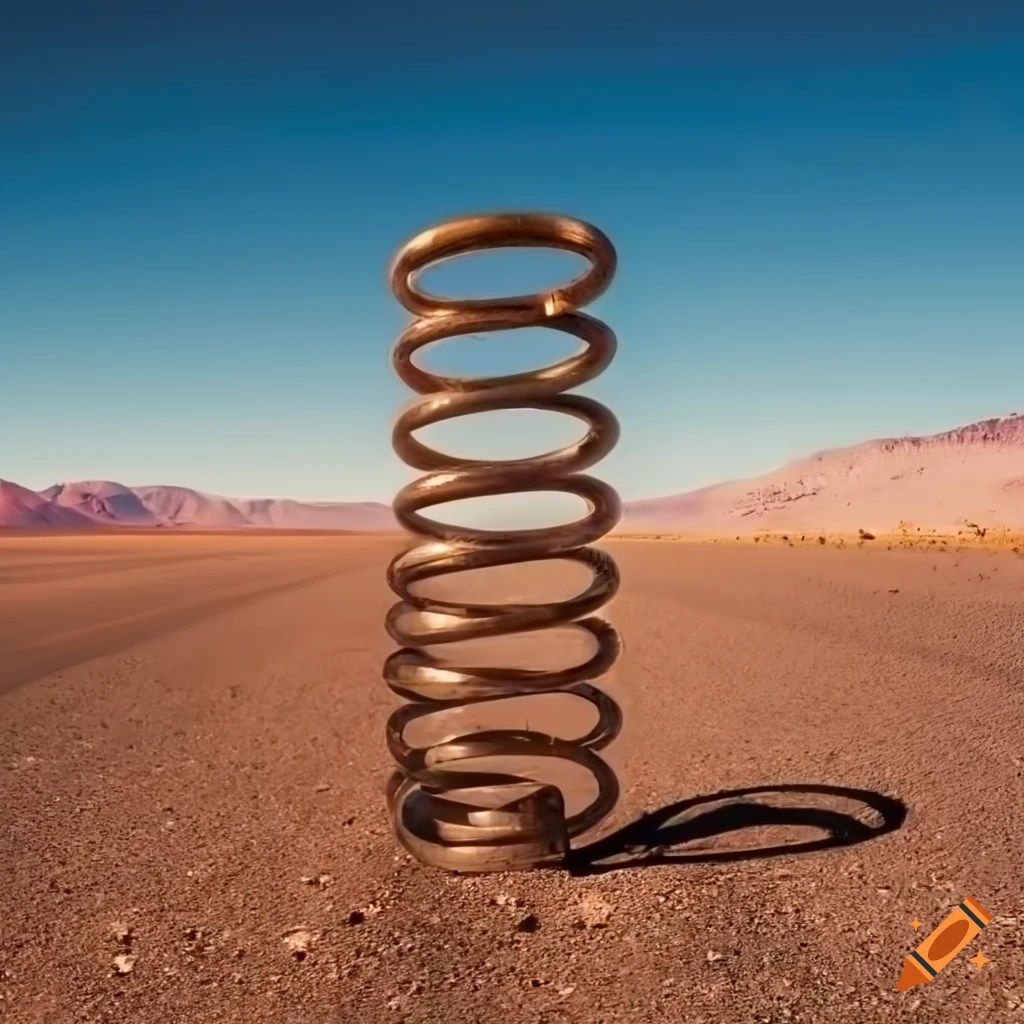 Huge metal spring on an asphalt road with a desert horizon view on Craiyon