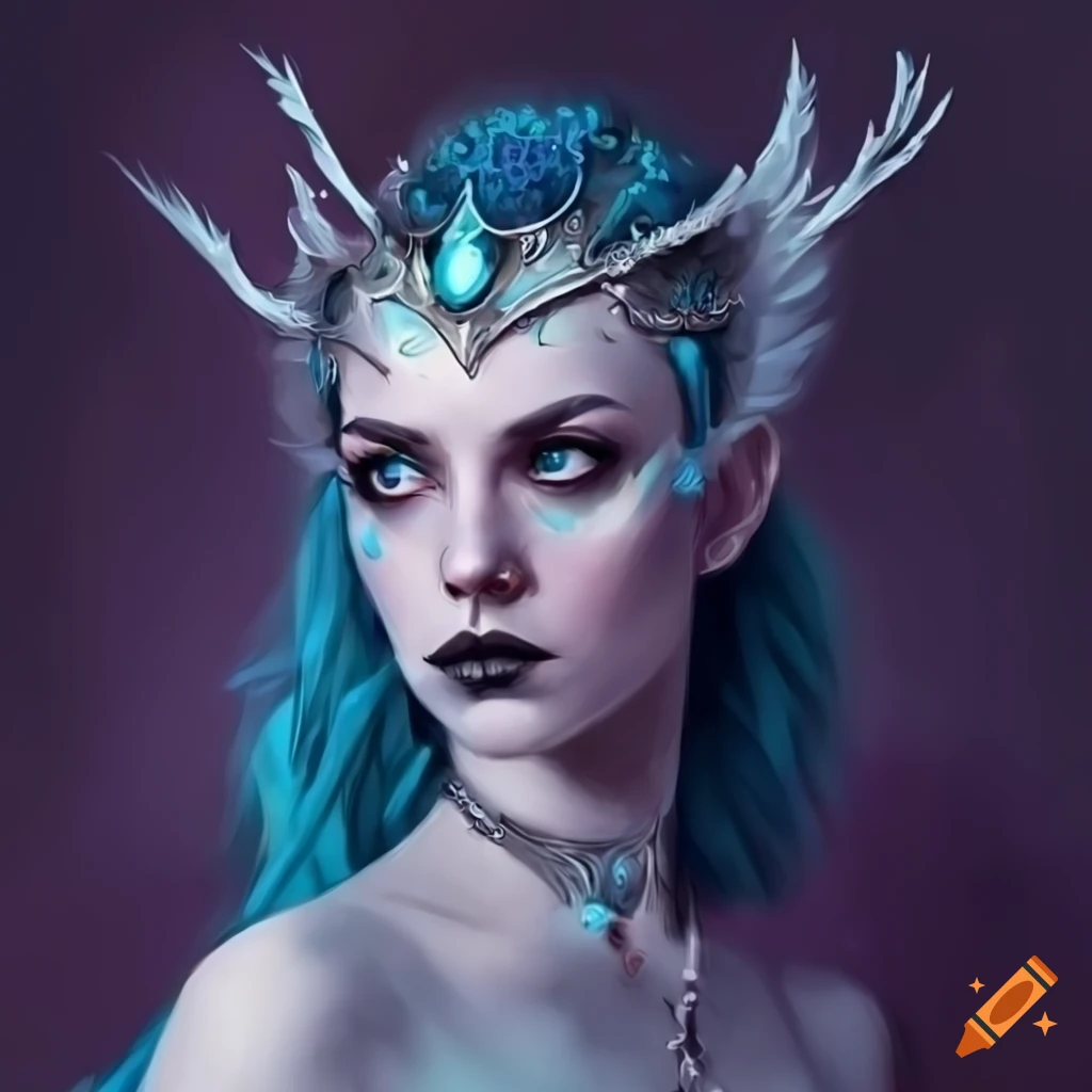 Ethereal queen with vulture wings, blue hair, and striking features on ...