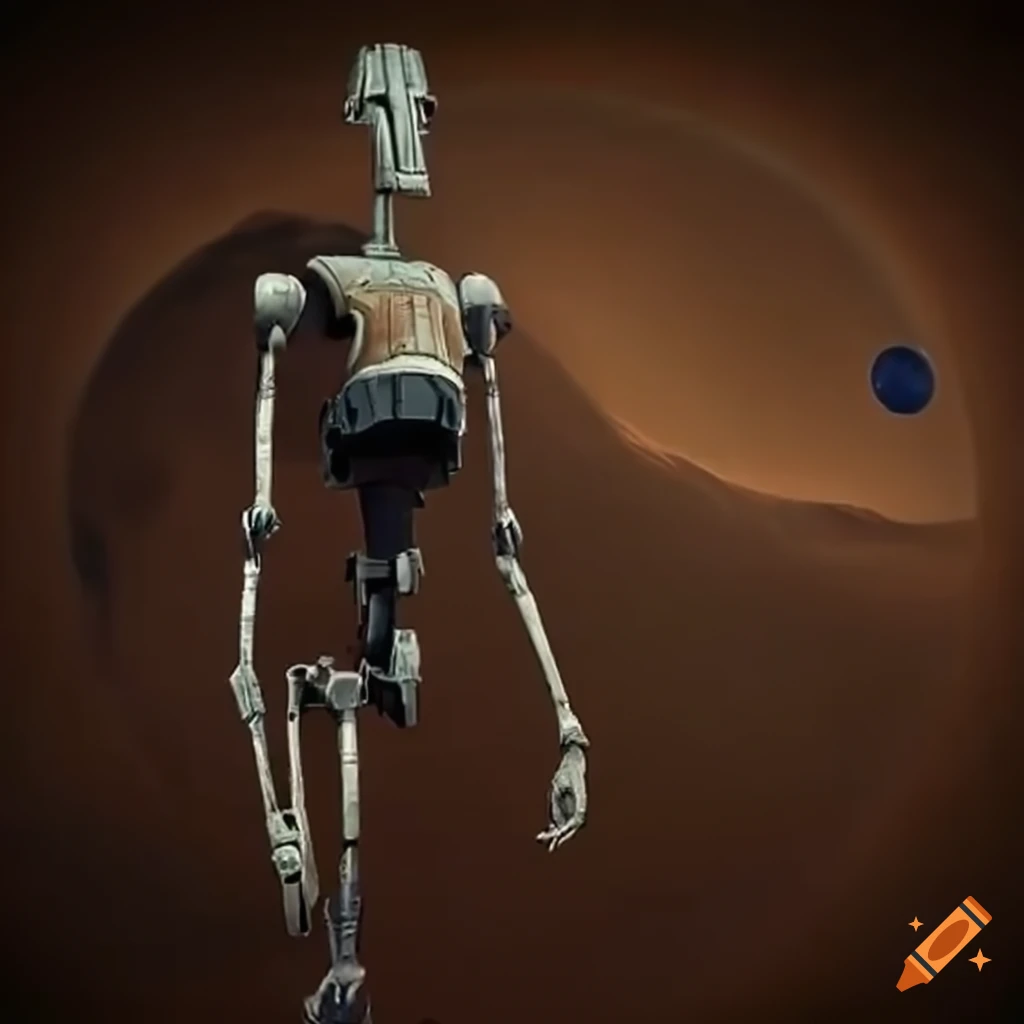 Battle droid in a cold desert with a planet view on Craiyon