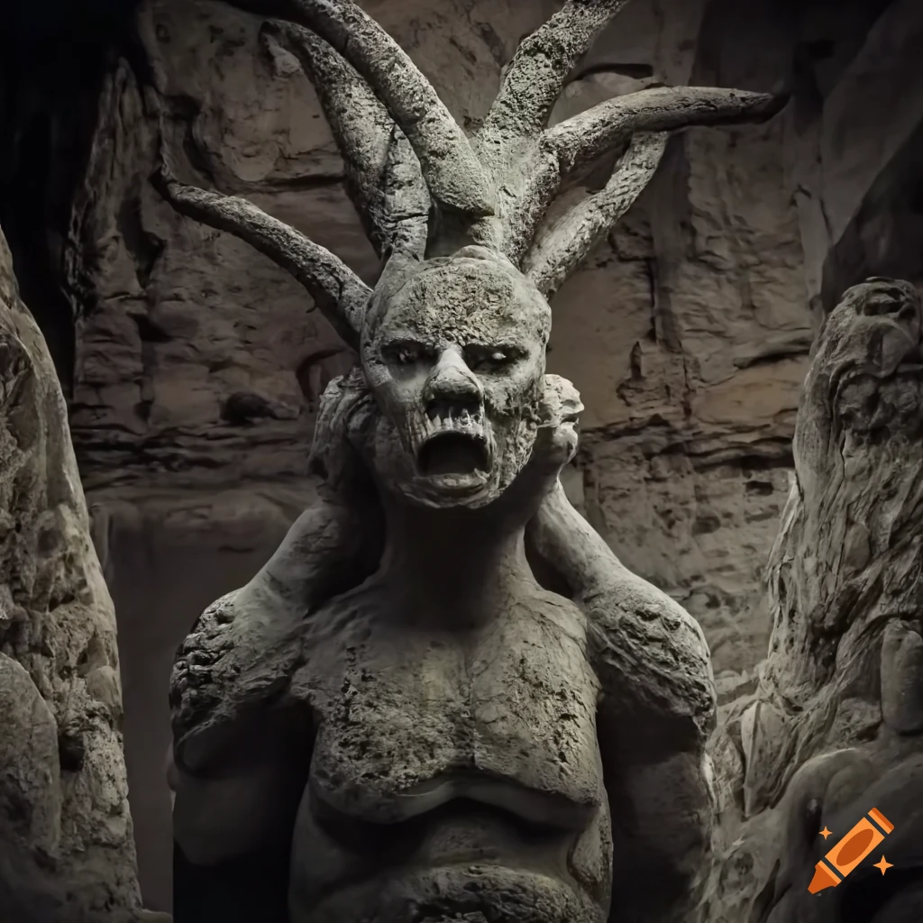 Ancient stone statue of a sinister humanoid in a dark cave on Craiyon
