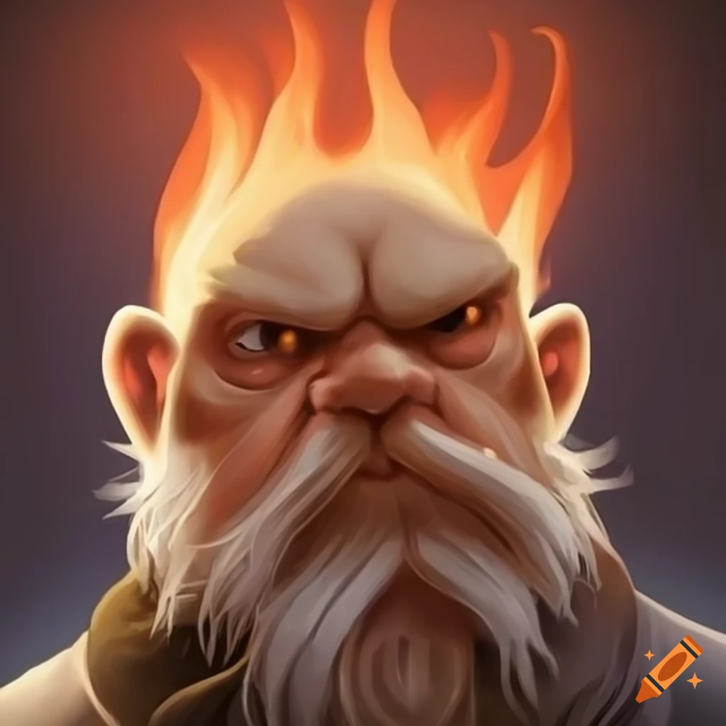 Face of an angry gnome with fire in the background on Craiyon