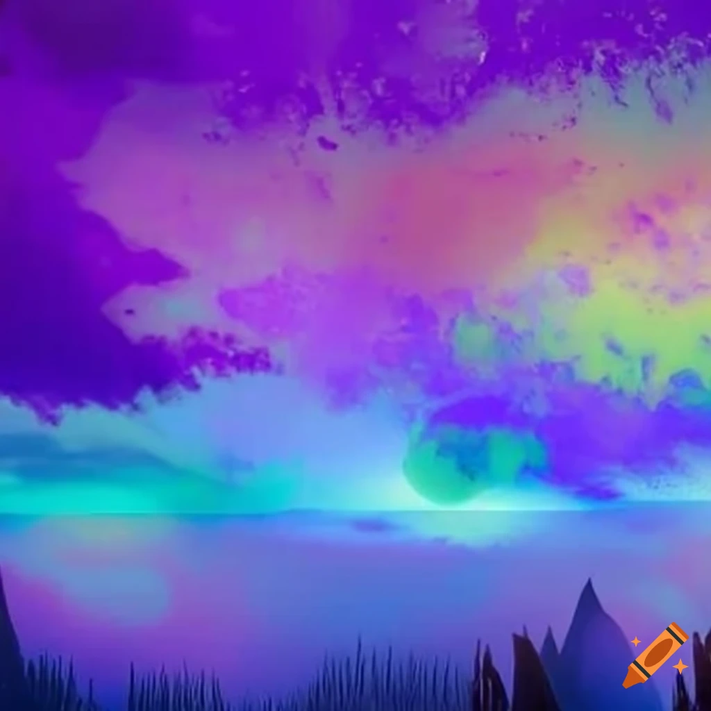 Alien world with violet vegetation, blue animals, and a vibrant sky on ...