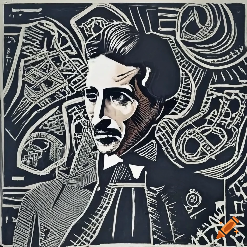 Side view portrait of Nikola Tesla in Escher style retro collage lino ...