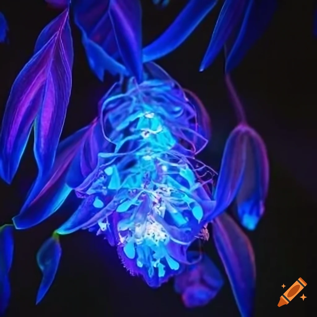 The luminescent vine with bioluminescent flowers in a forest setting on ...