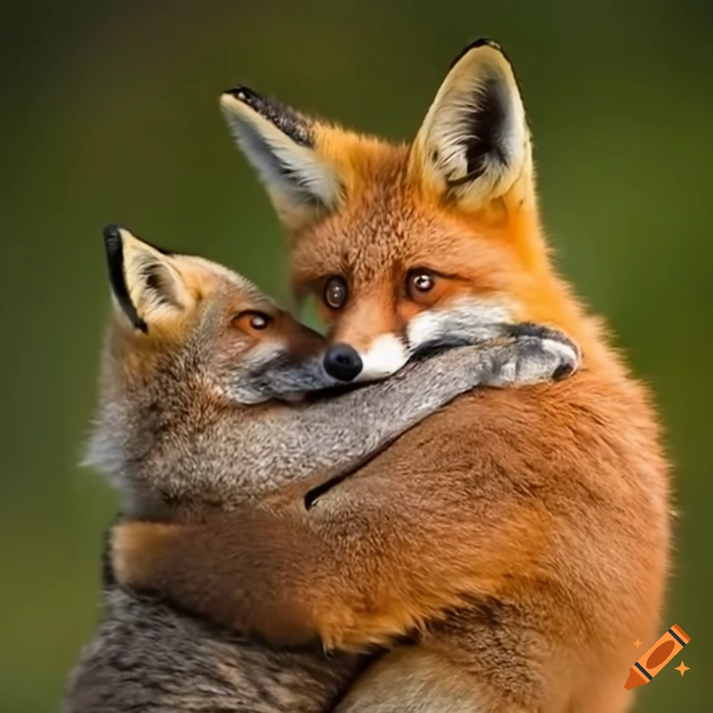 Adorable red fox cuddling with toys in its den on Craiyon
