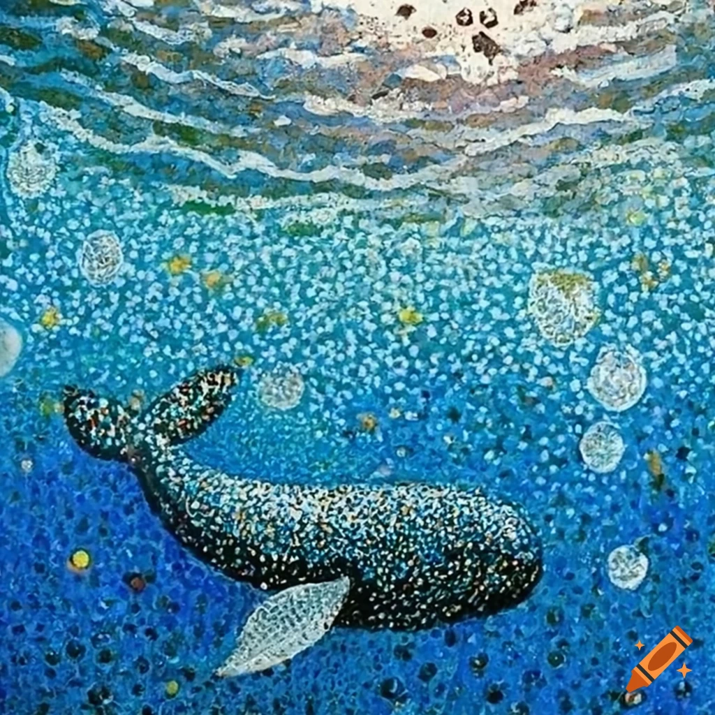 Whale surrounded by hearts and bubbles in a pointillism style by Greg ...