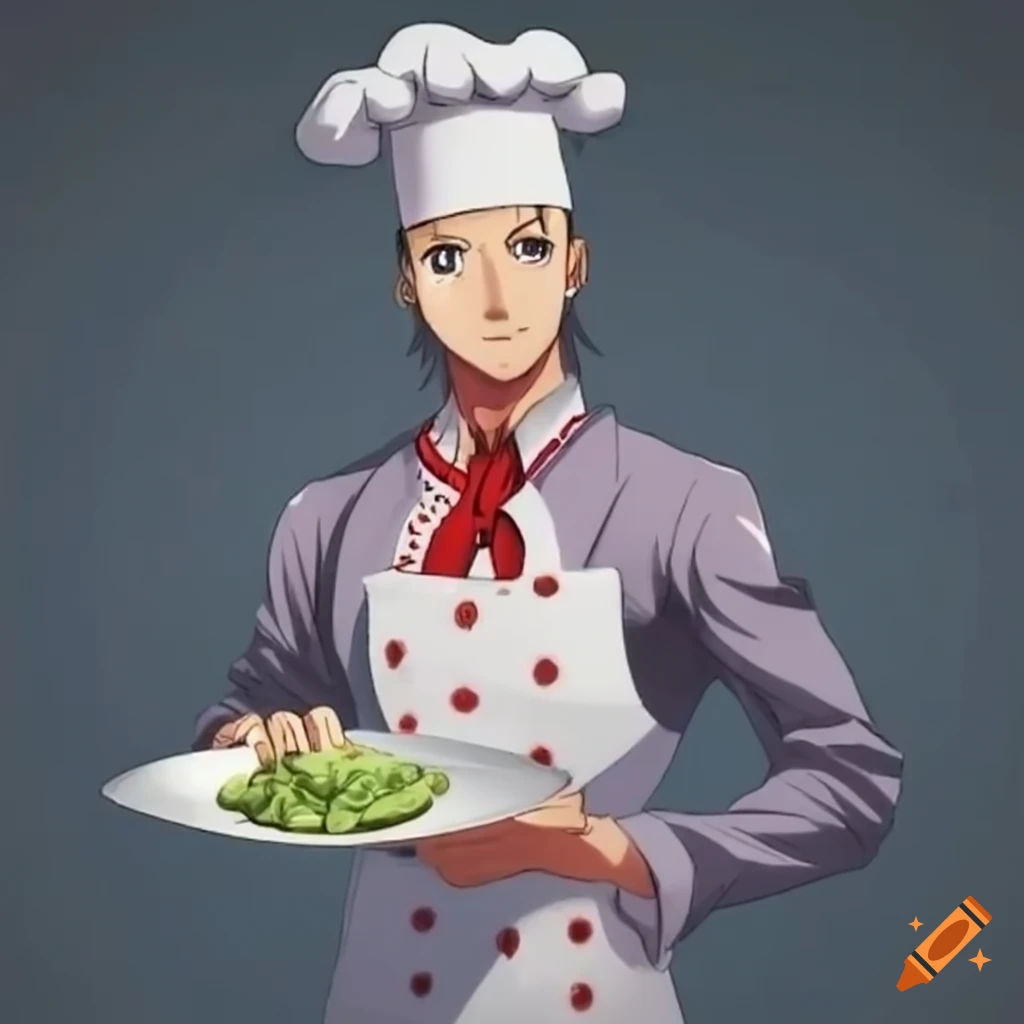 Greek anime chef holding a plate with a unique perspective on Craiyon