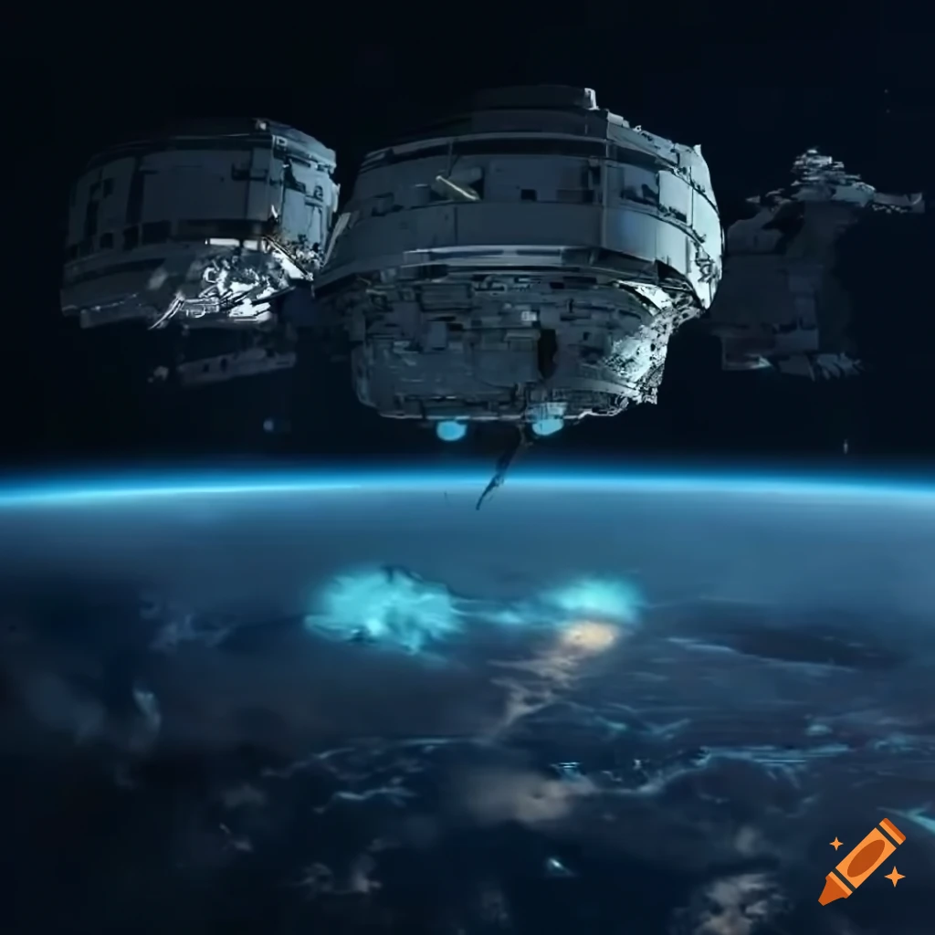 Space ship docking at a sci-fi space station beside a planet on Craiyon