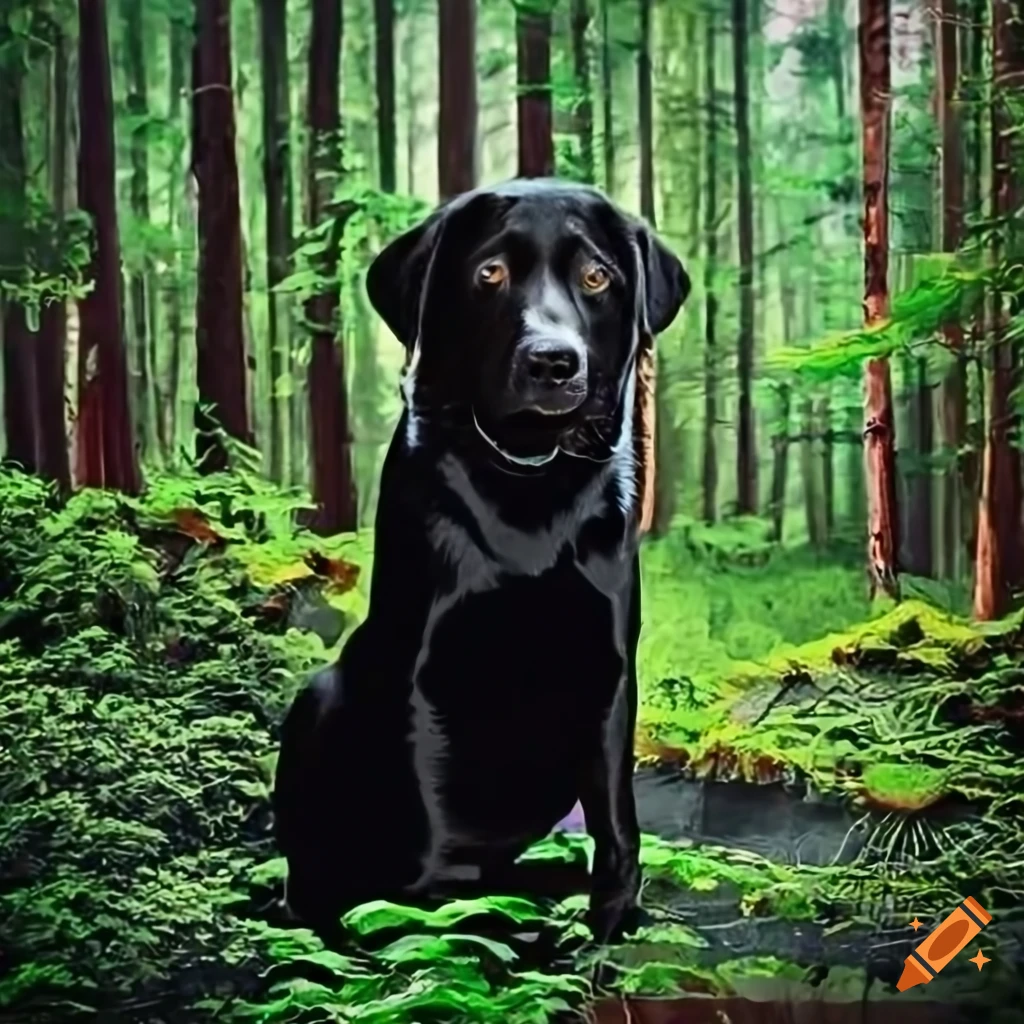Captivating black Labrador in a lush forest setting on Craiyon