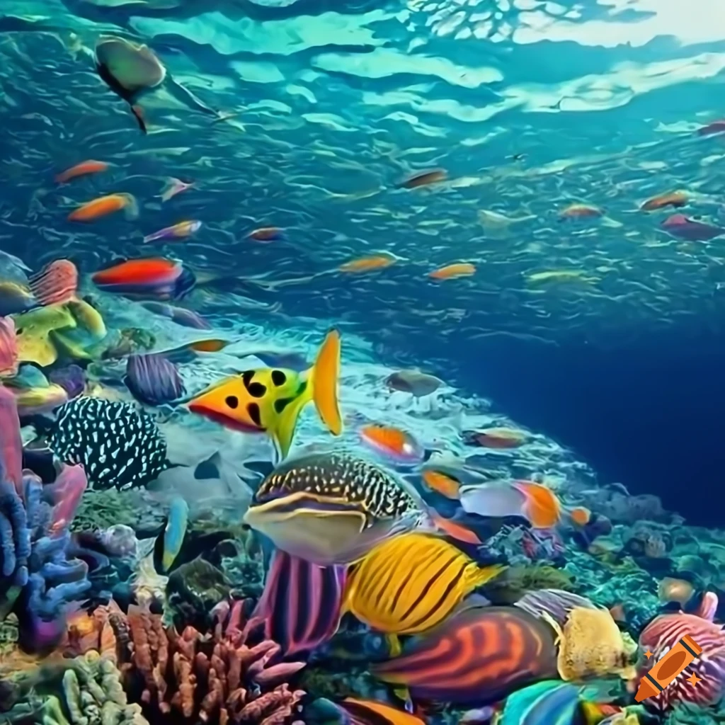 Panoramic mural of colorful underwater sea life and coral reefs on Craiyon