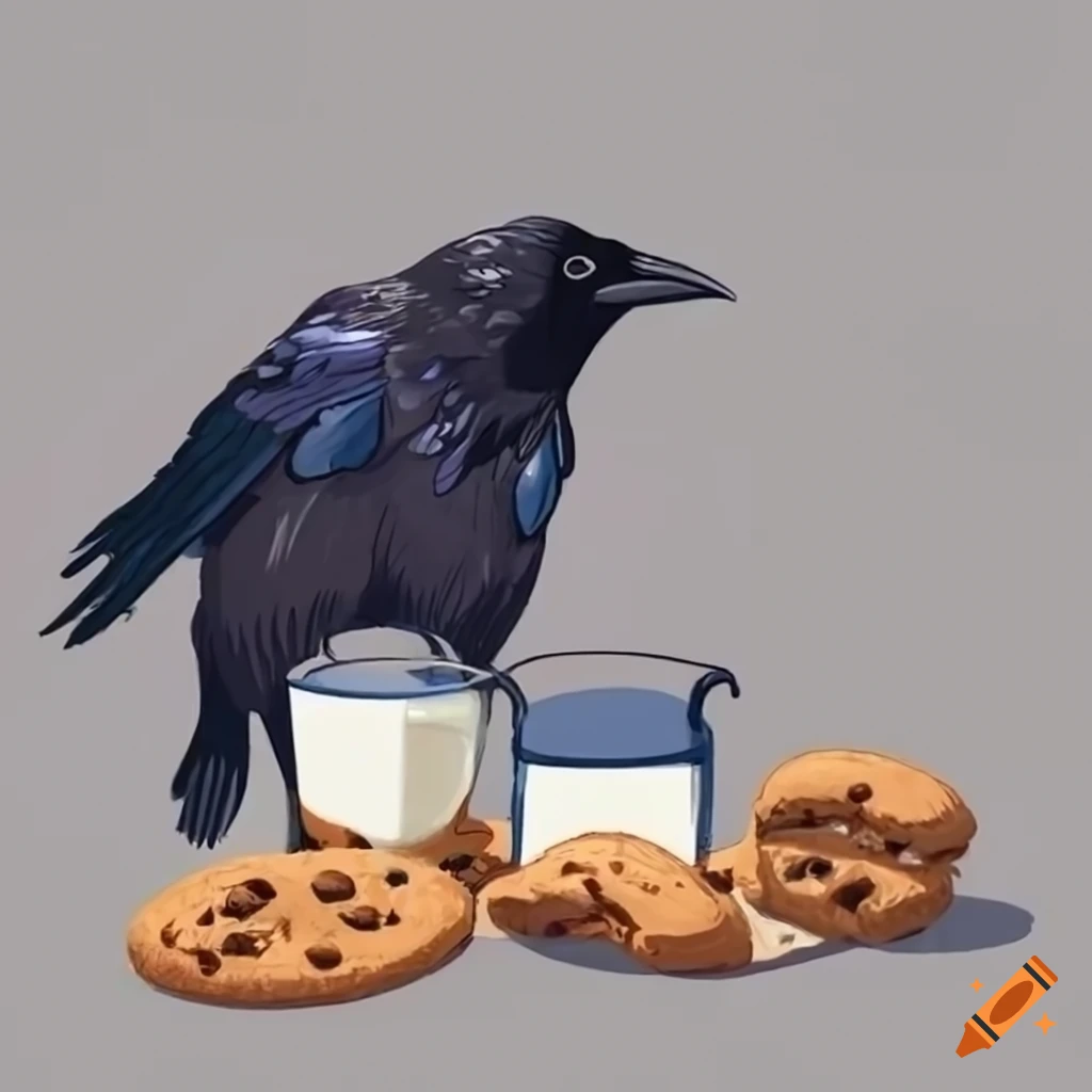 Crow with milk and cookies on Craiyon