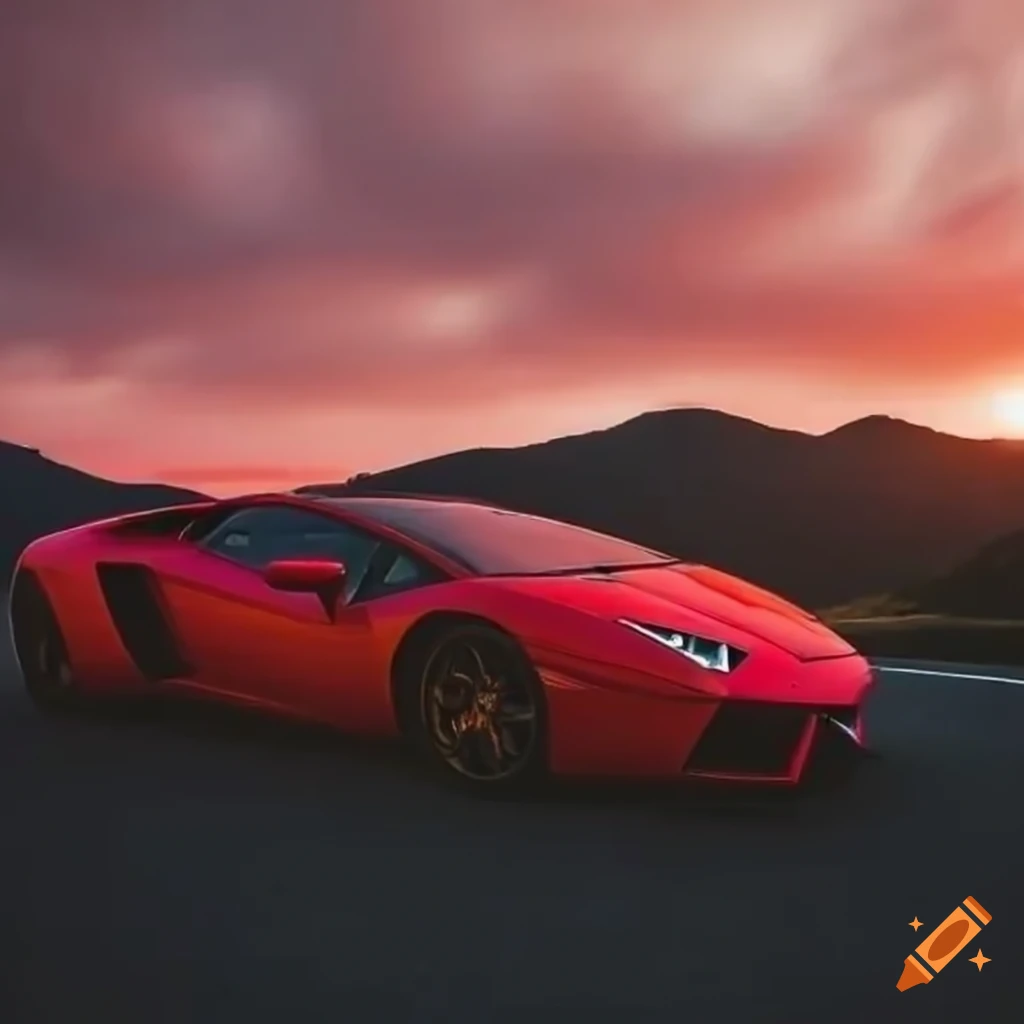 Red lamborghini on winding mountain roads with sunset backdrop on Craiyon