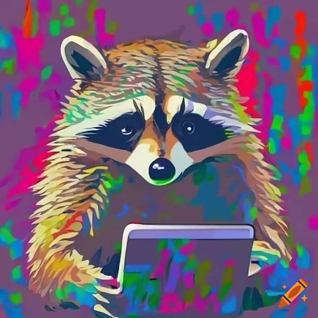Derpy raccoon writing code on a laptop on Craiyon