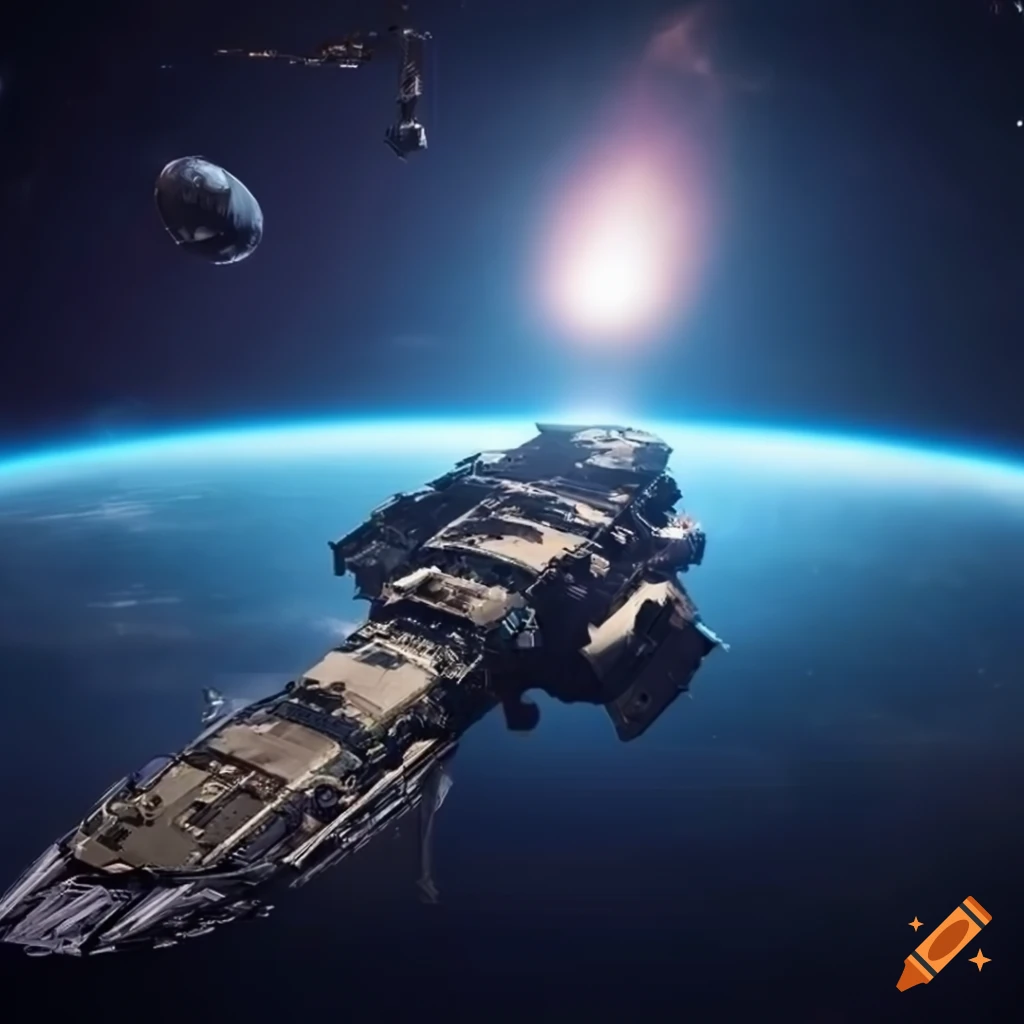 Space ship docking at a sci-fi space station near a planet on Craiyon