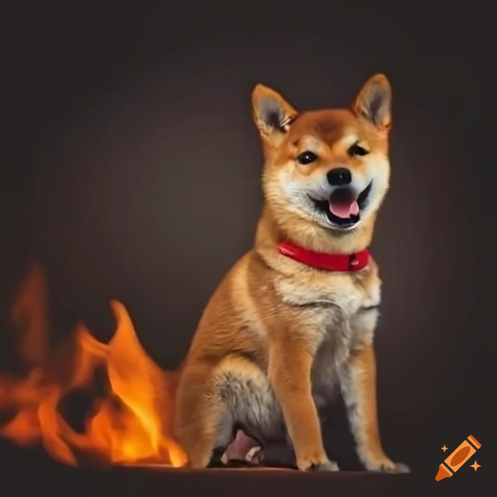 Cute shiba inu with a sad expression surrounded by fire on Craiyon