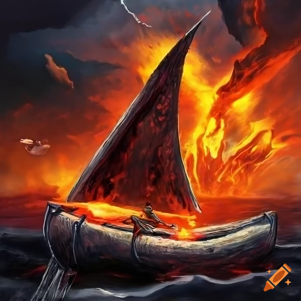 Canoe sailing through lava with fire clouds and tornadoes in dark ...