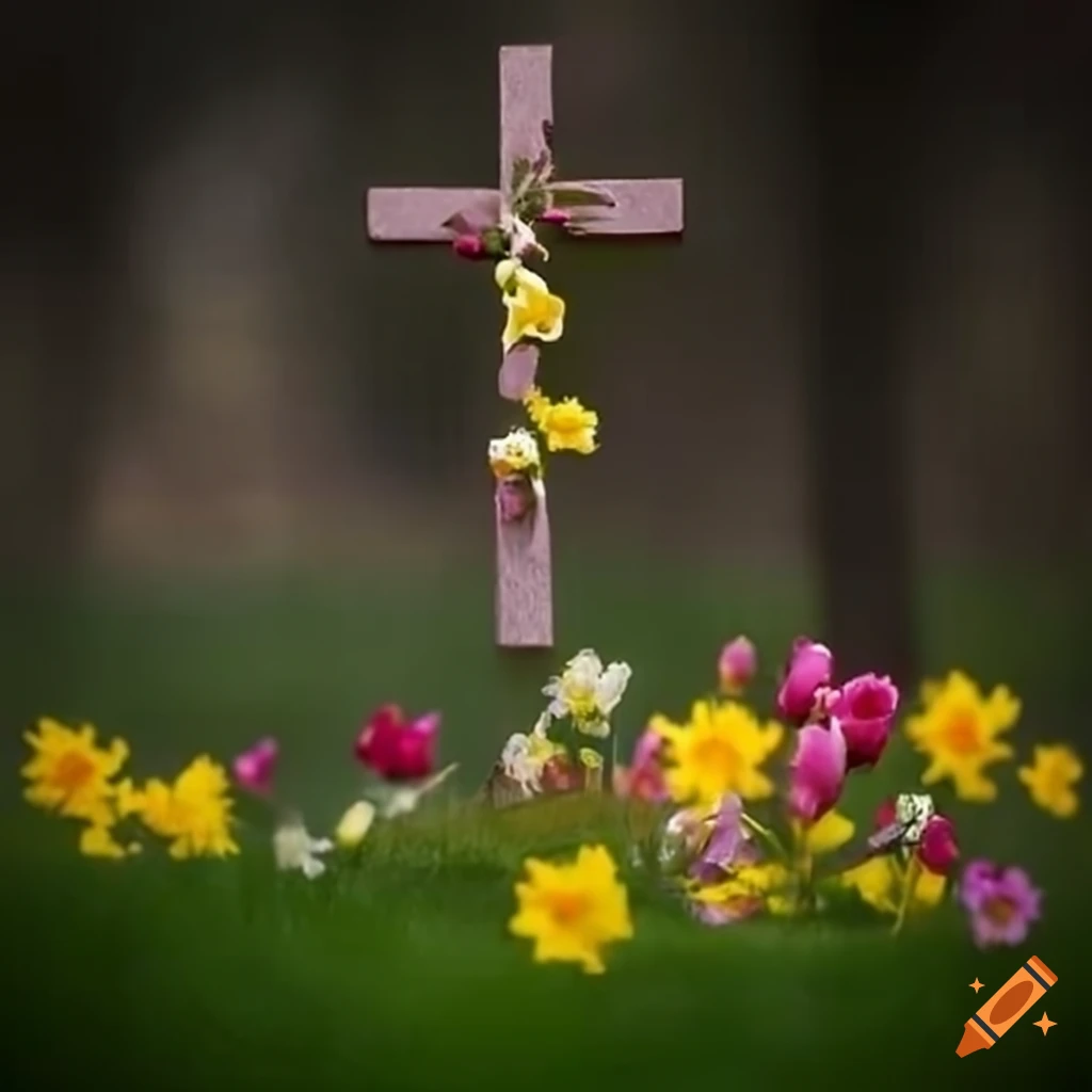 Easter cross surrounded by spring flowers on Craiyon