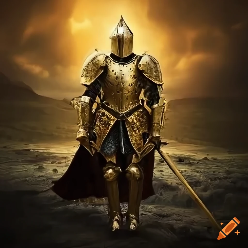 Golden knight in armor in a mystical landscape on Craiyon