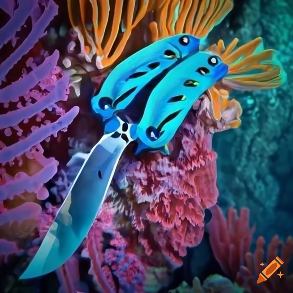 Magical blue polygon creature with butterfly knife and colorful coral ...