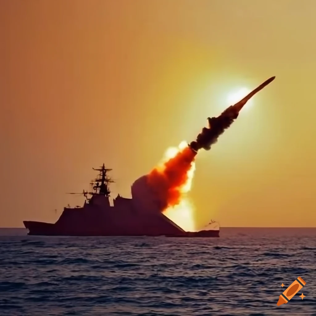 Indian naval warship launching missile at sunset on Craiyon