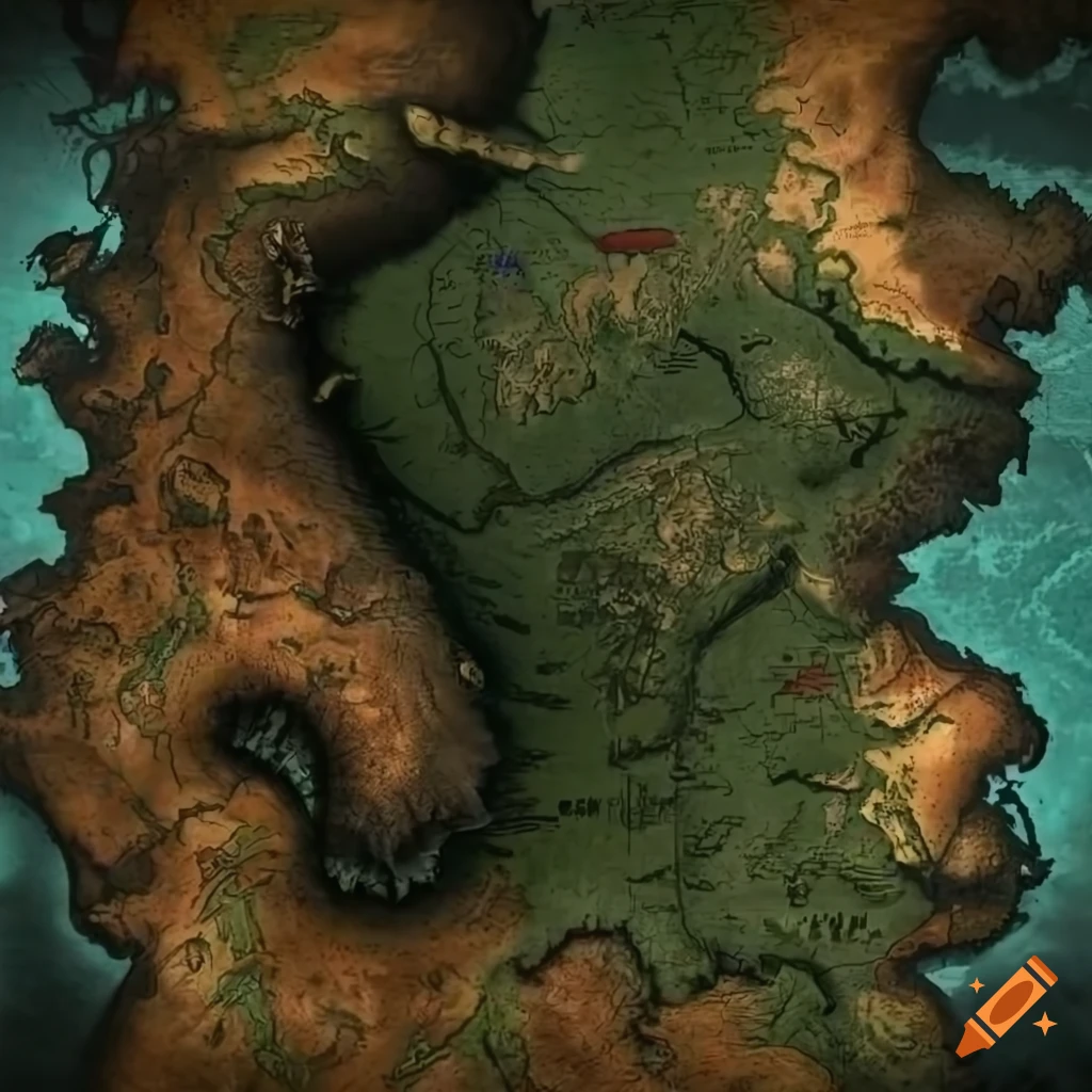 Dark, technical map of a warhammer rpg world with a path through a ...