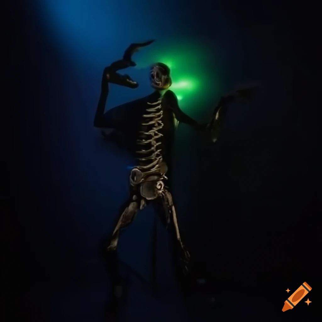 Cyborg skeleton with squid arms dancing under northern lights on Craiyon