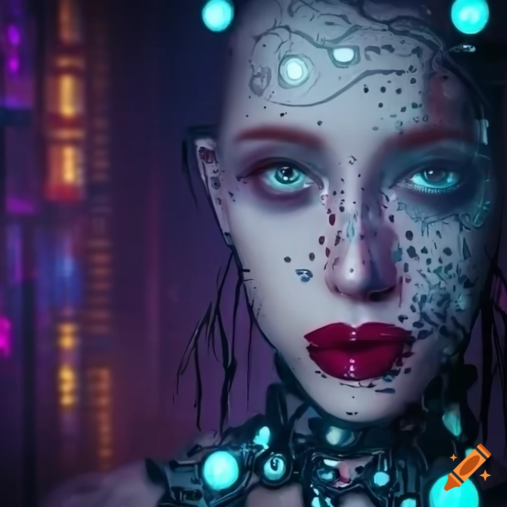 Female cyborg goddess in a dark cyberpunk cityscape on Craiyon