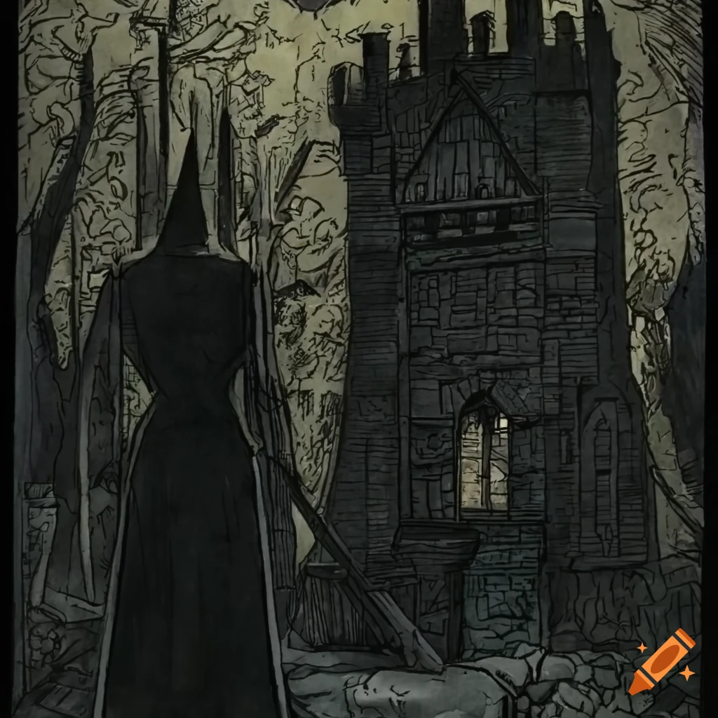 Medieval knight's castle with battlements and gatehouse tower in a dark ...