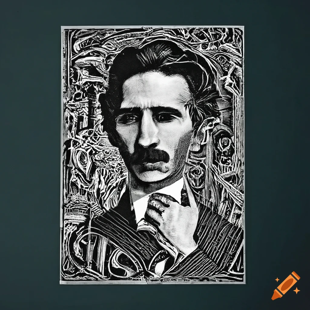 Side view portrait of nikola tesla in escher style retro collage lino ...