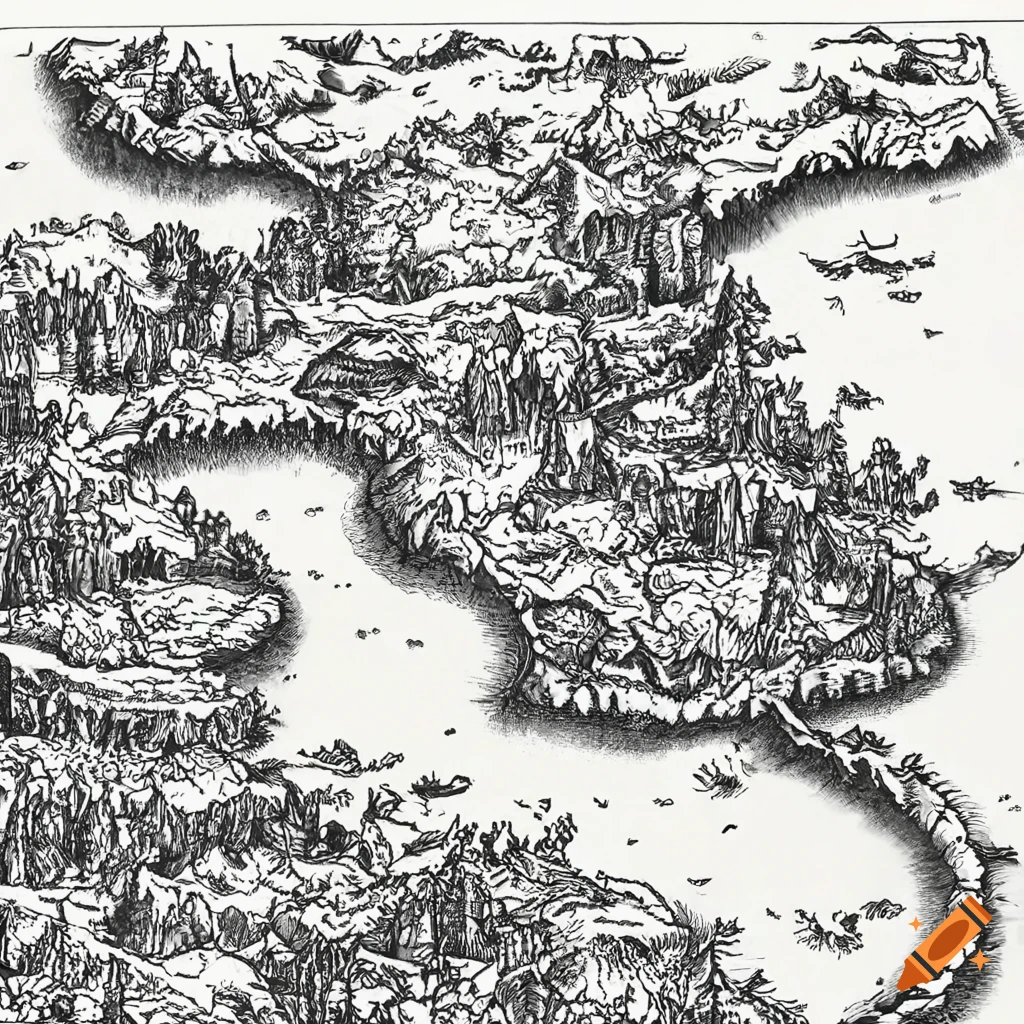 Fantasy map with 7 enchanting settlements, rivers, mountains, and lakes ...