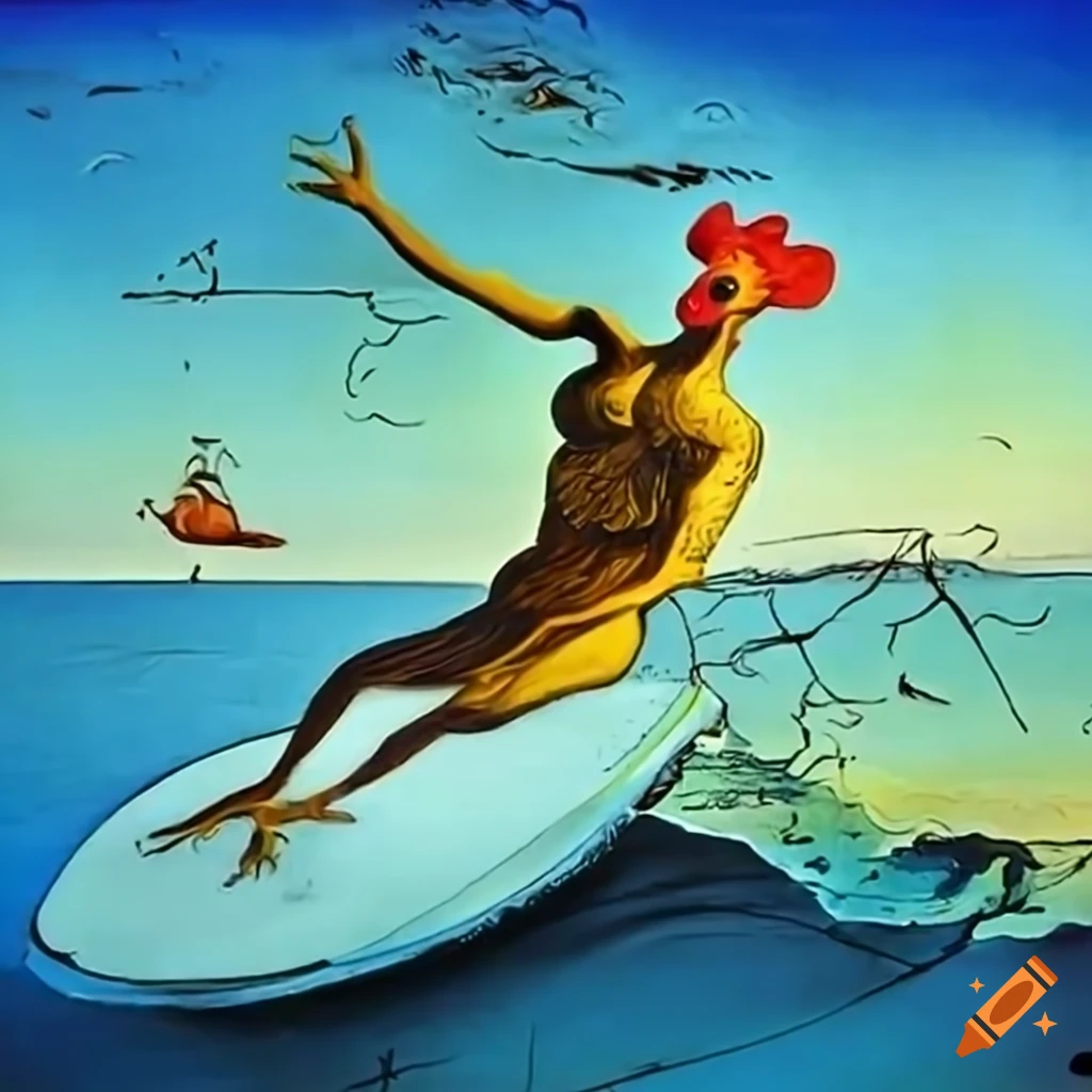 Chicken surfing in the style of salvador dali on Craiyon