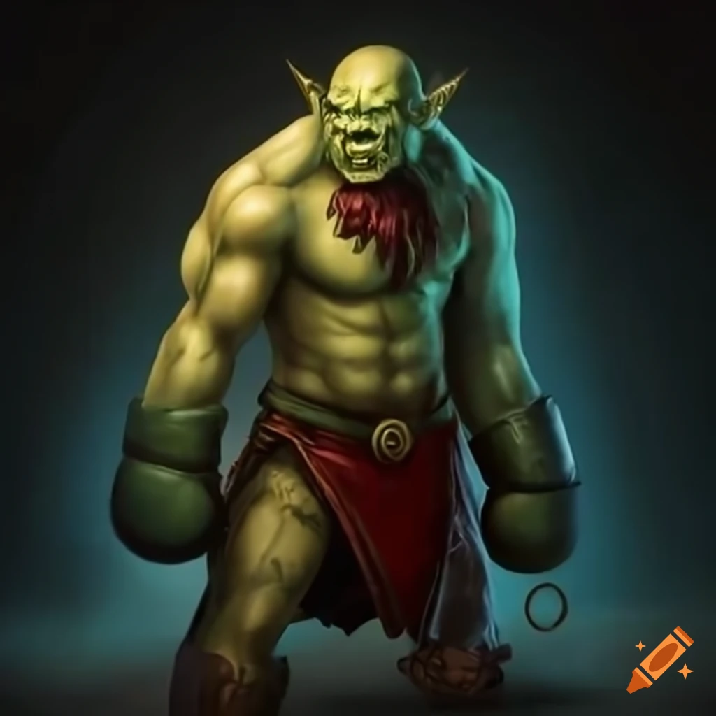 Boxing match between an elf man and an orc woman on Craiyon