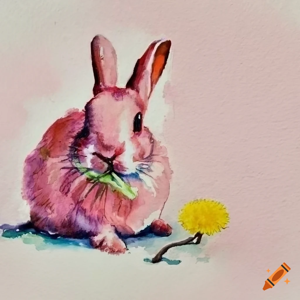 Pink rabbit eating a dandelion in a watercolor painting on Craiyon