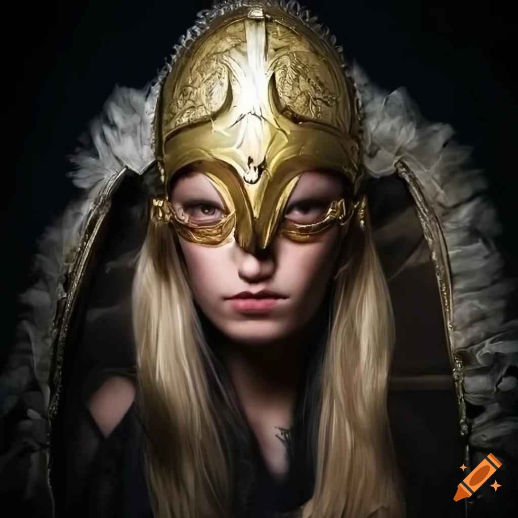 Portrait of a valkyrie warrior with platinum blonde hair and gold armor ...