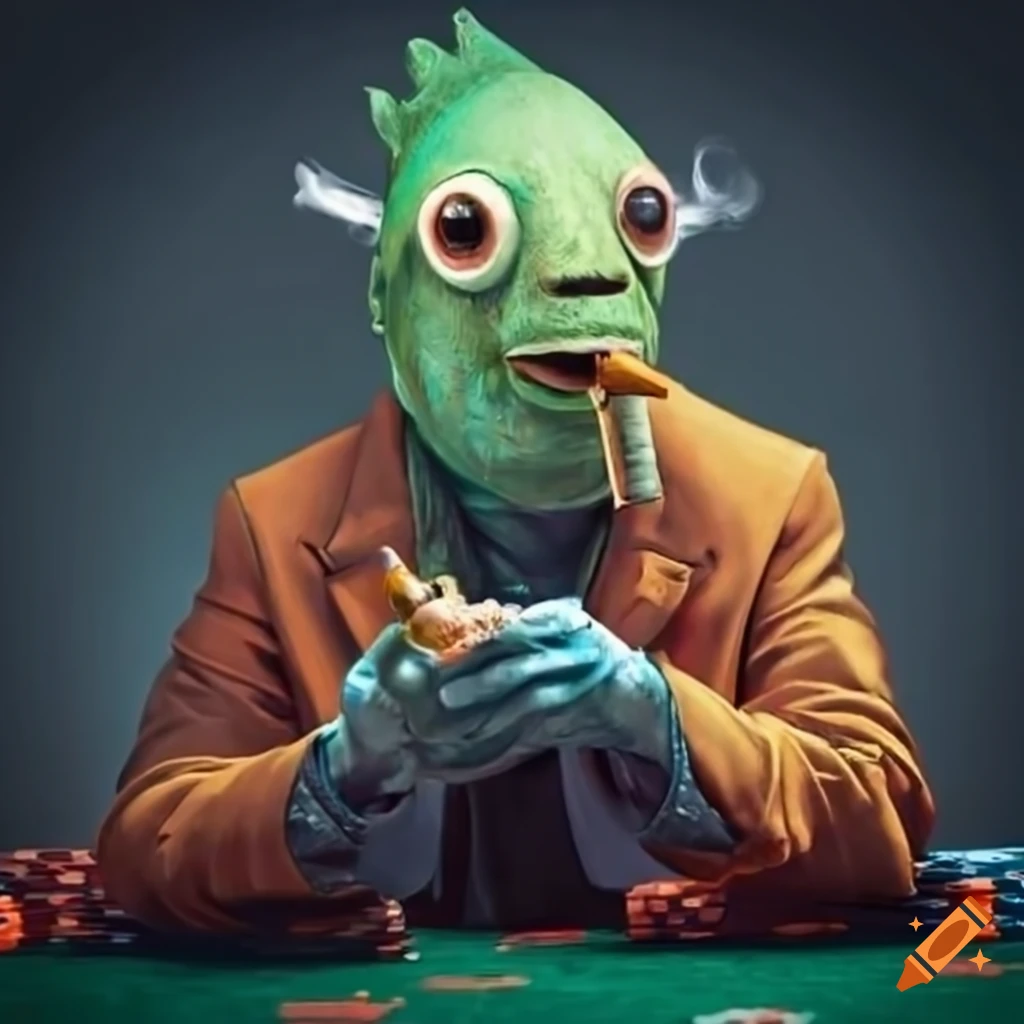 Fish-man smoking a cigar at a poker table on Craiyon