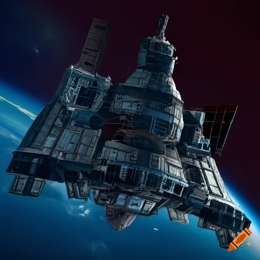 Spaceship docking at a sci-fi space station near a planet on Craiyon