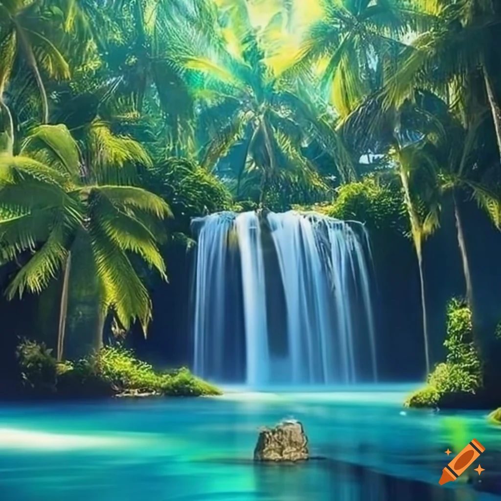 Beautiful lagoon with waterfall, palm trees, and glittery waters on Craiyon