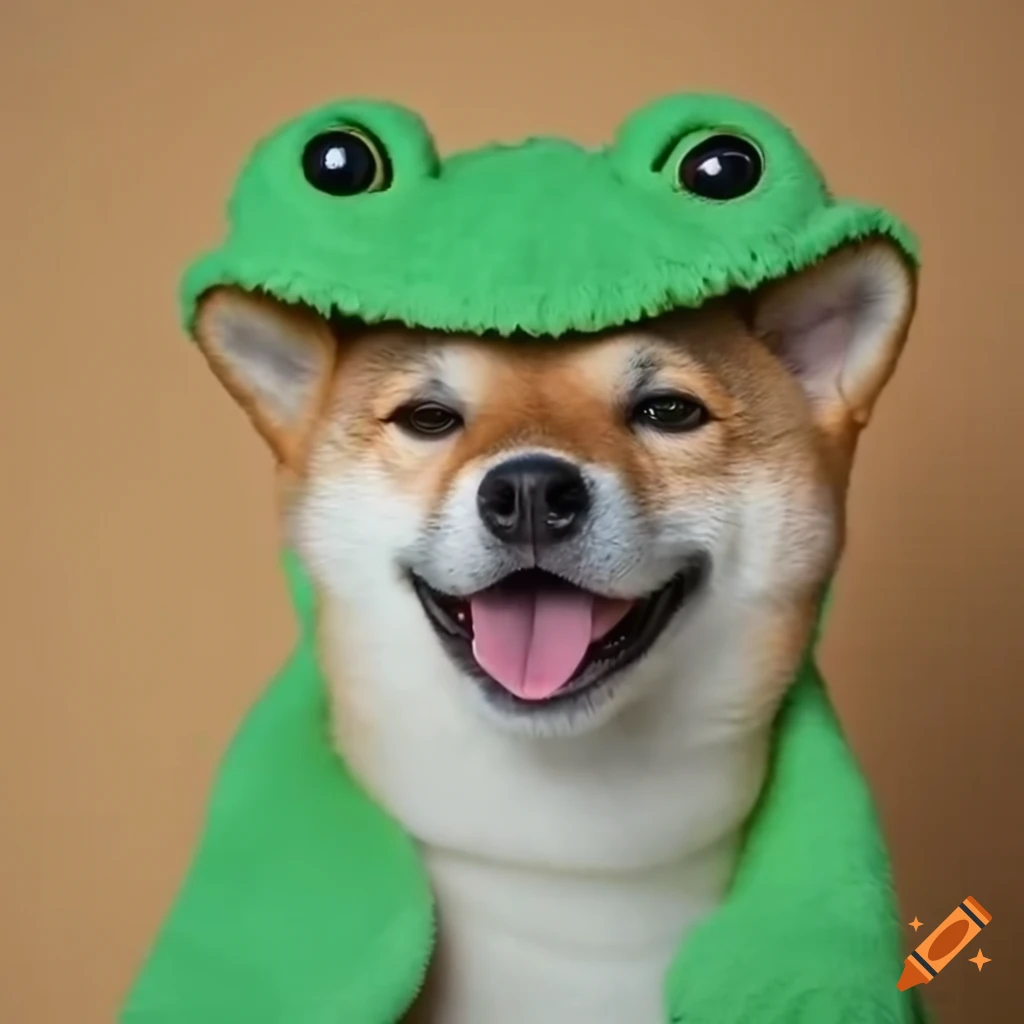 Shiba inu wearing a pepe the frog costume on Craiyon