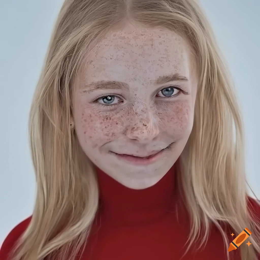 Blond girl with freckles smiling in a red turtleneck, detailed upper ...