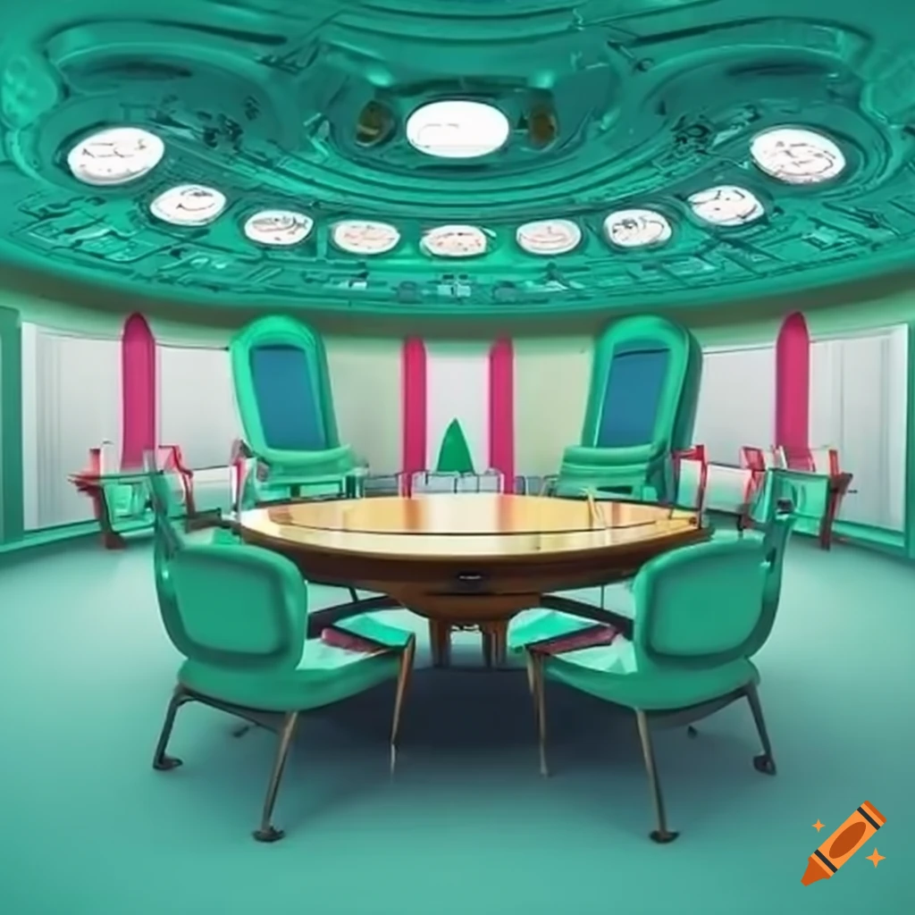 Colorful control room with large table and chairs on Craiyon