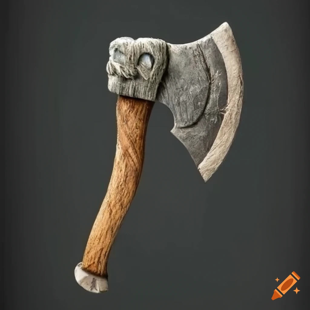 Axe with stone head and wooden handle bound together with rope on Craiyon