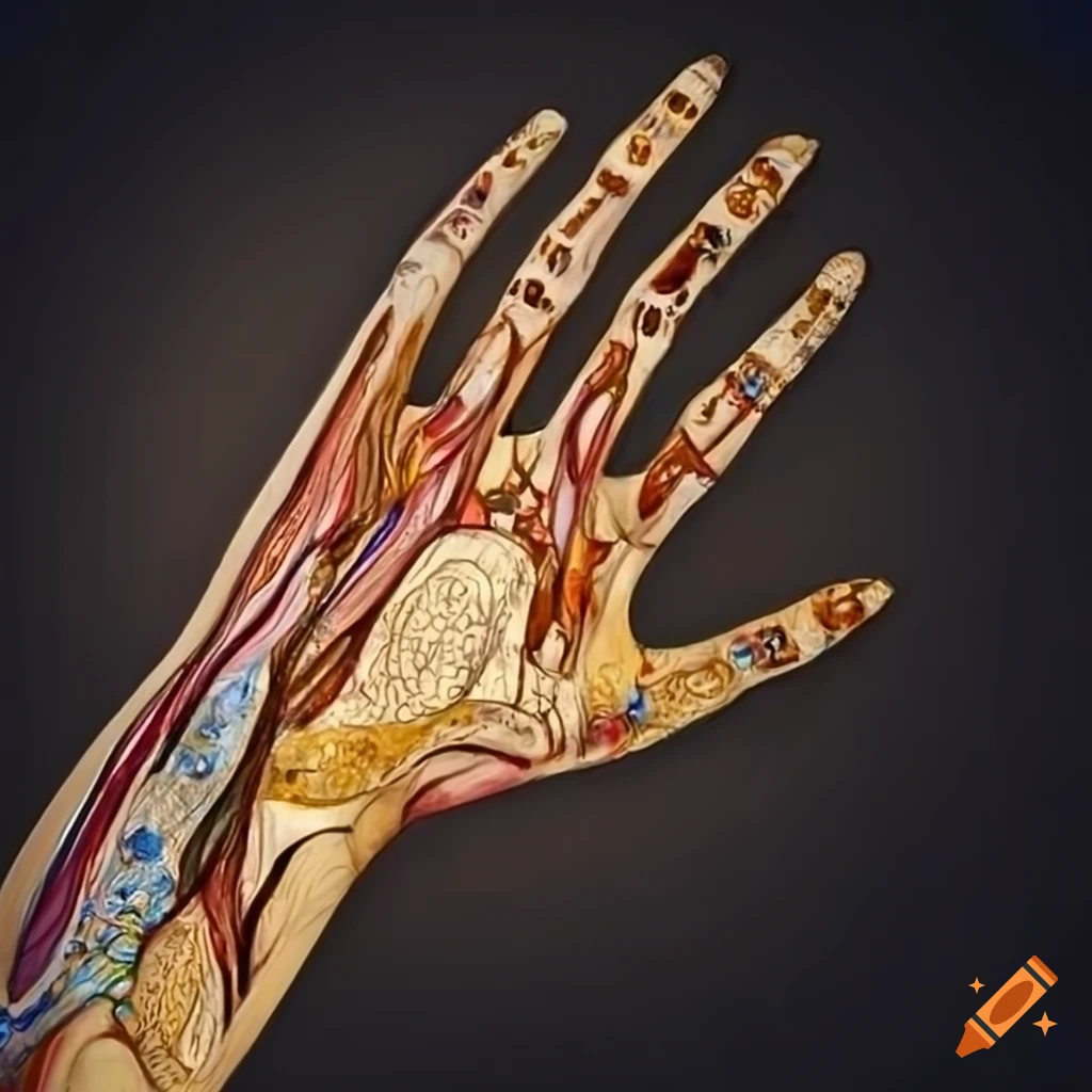 Human hand anatomy inspired by klimt's style on Craiyon