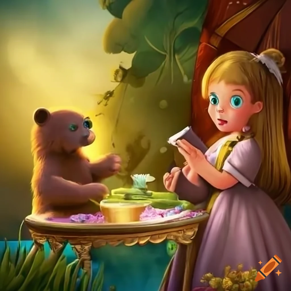 Goldilocks with the three bears in their cottage in a fairy tale scene ...