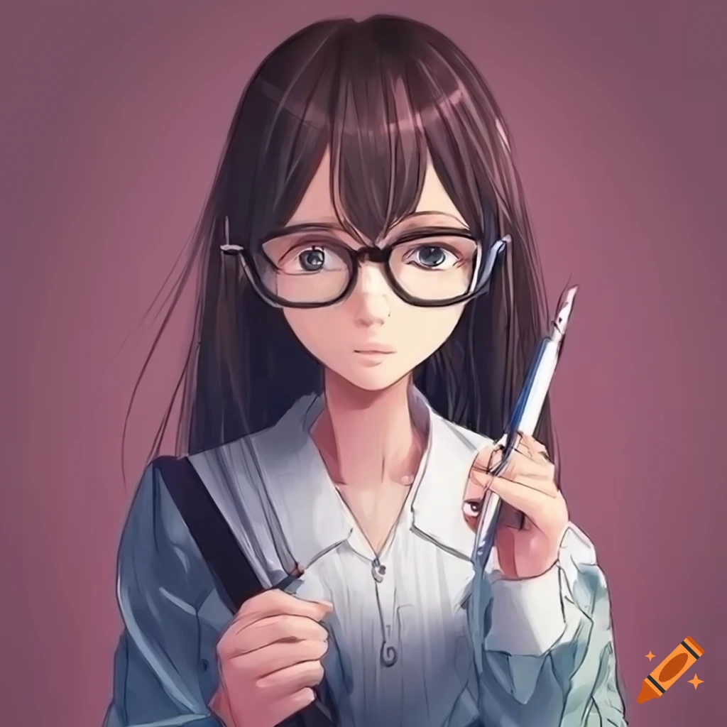 Portrait of a girl university writer student with glasses holding a pen ...