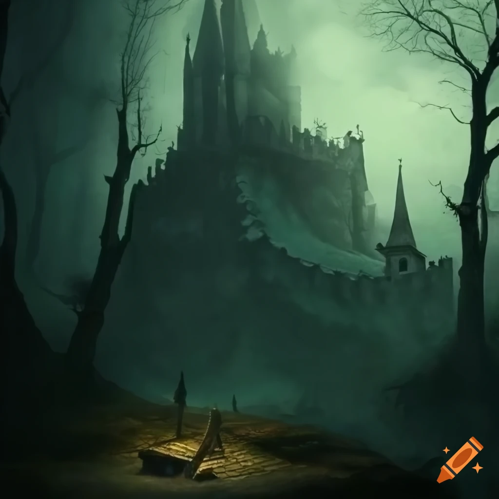 Castle built with tiles in a creepy moonlit woods on Craiyon