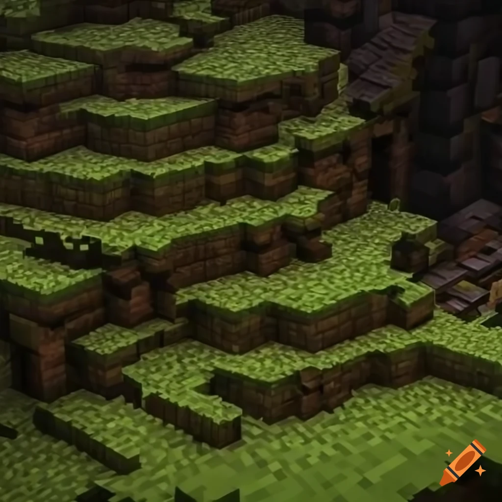 Geological terrain with overgrowth in isometric view on Craiyon