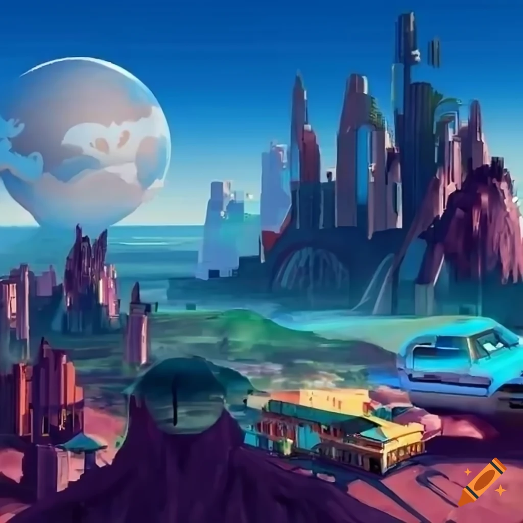 Alien world landscape with buildings and vehicles on Craiyon