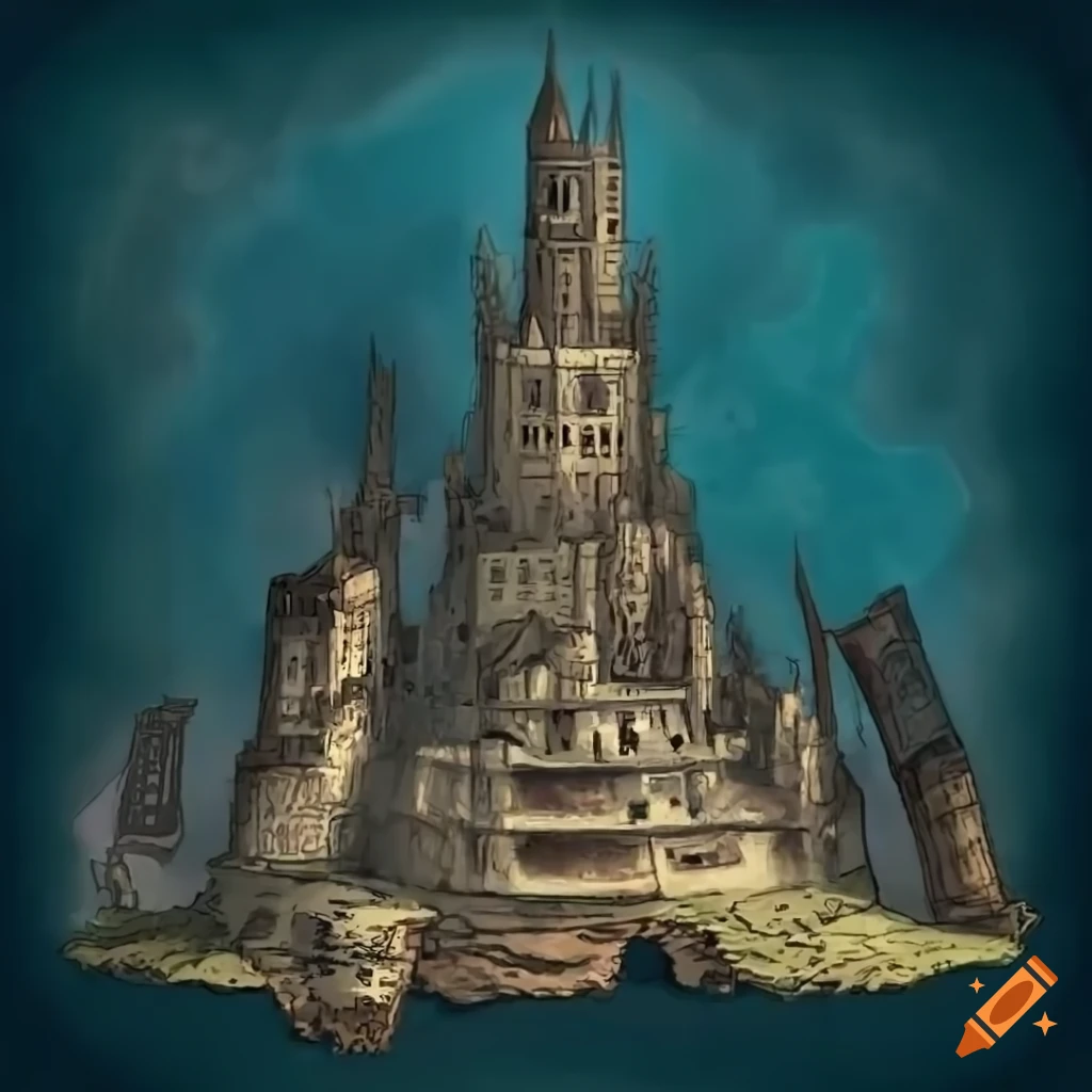 DnD map of a destroyed city with a huge tower in the middle on Craiyon