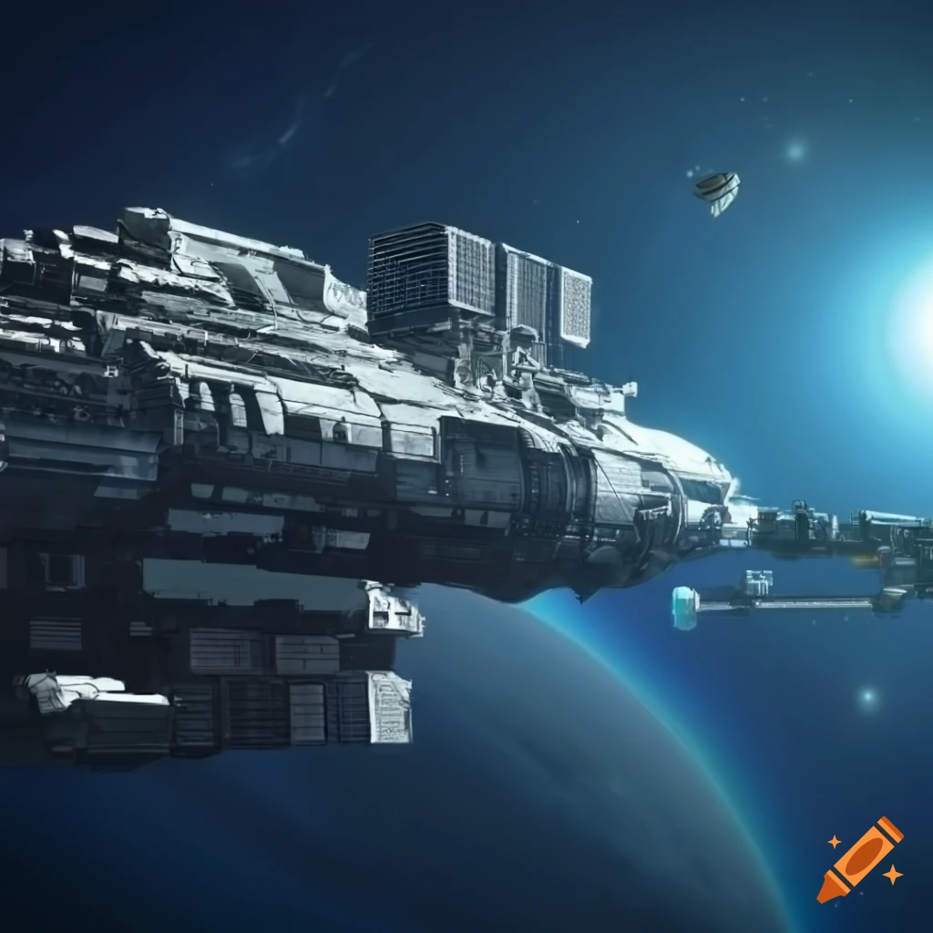 Space ship docked at sci-fi space station next to a planet on Craiyon