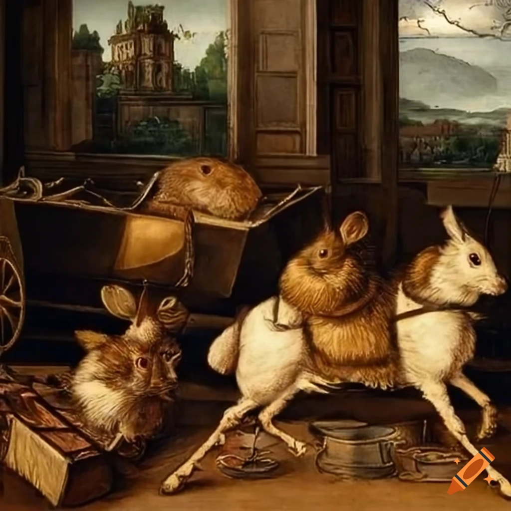 Rabbits pulling a carriage in an artwork by Dürer on Craiyon